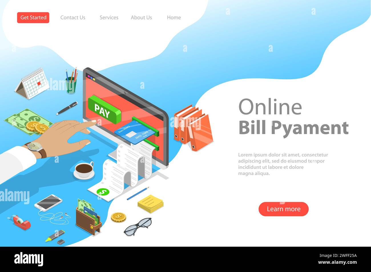 Flat isometric vector landing page template of bill payment, shopping ...