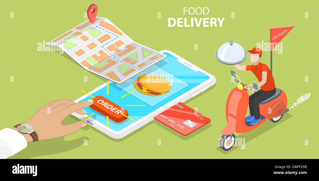 3D Isometric Flat Vector Concept of Restaurant and Cafe Online Food ...