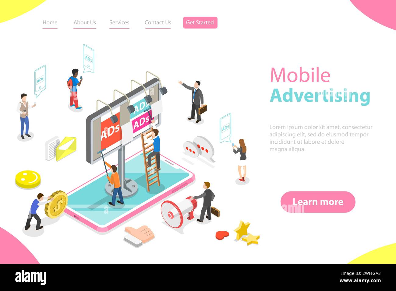 Flat isometric vector landing page template of mobile advertising ...