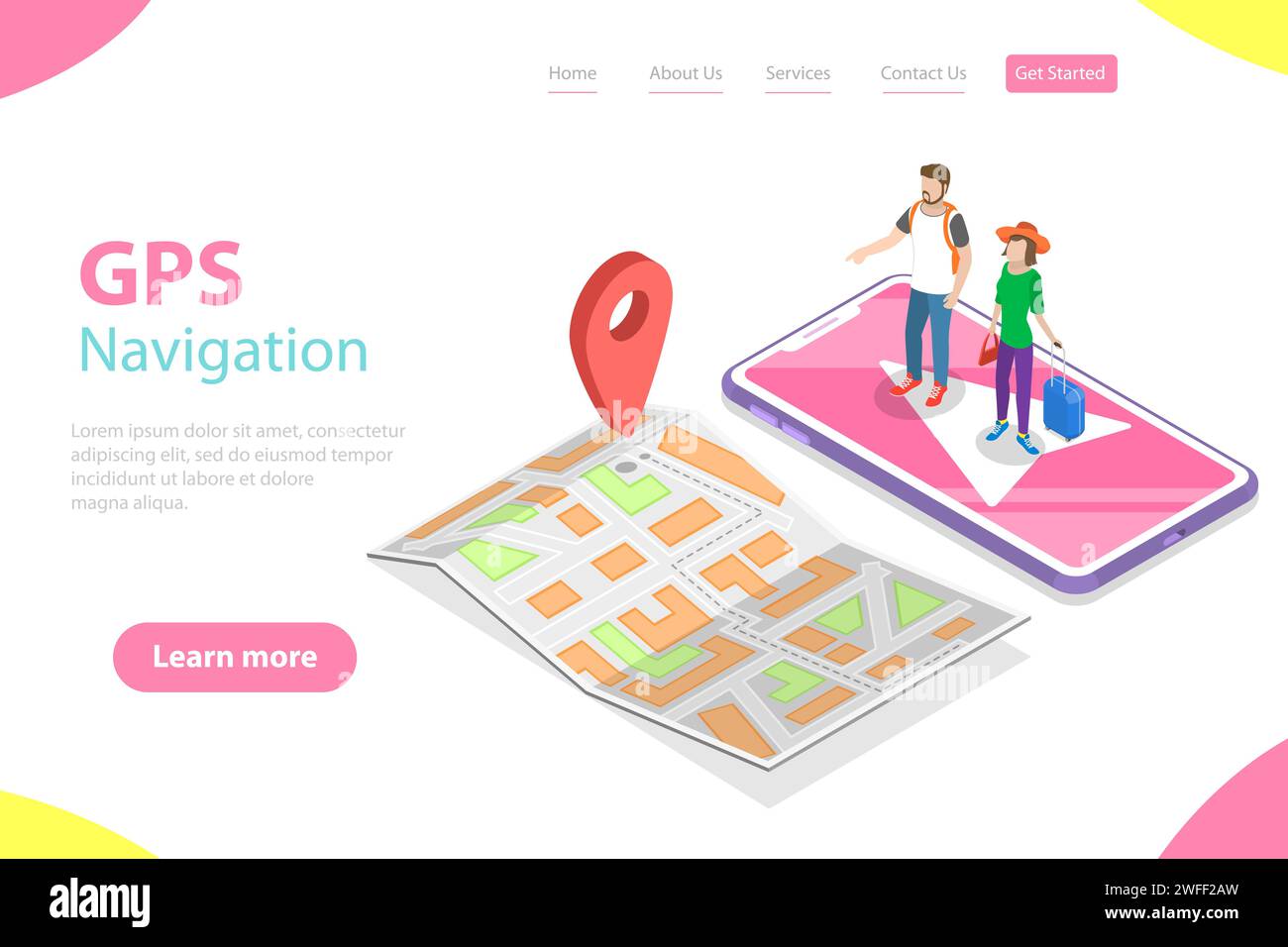 Isometric flat vector landing page tempate of mobile pgs navigation, city map, online ...
