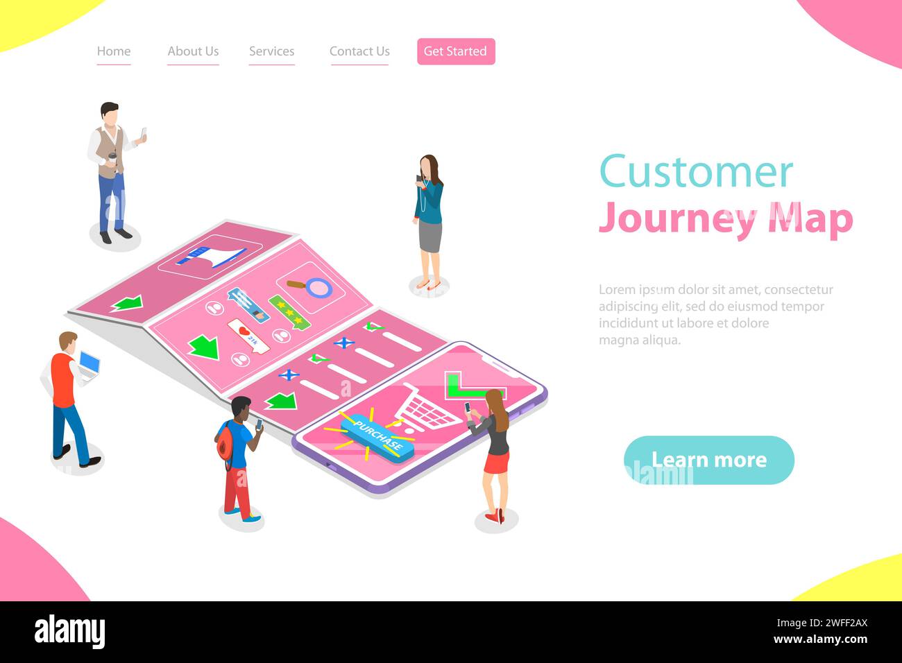 Isometric flat vector landing page template of serching customer journey map, digital marketing ...