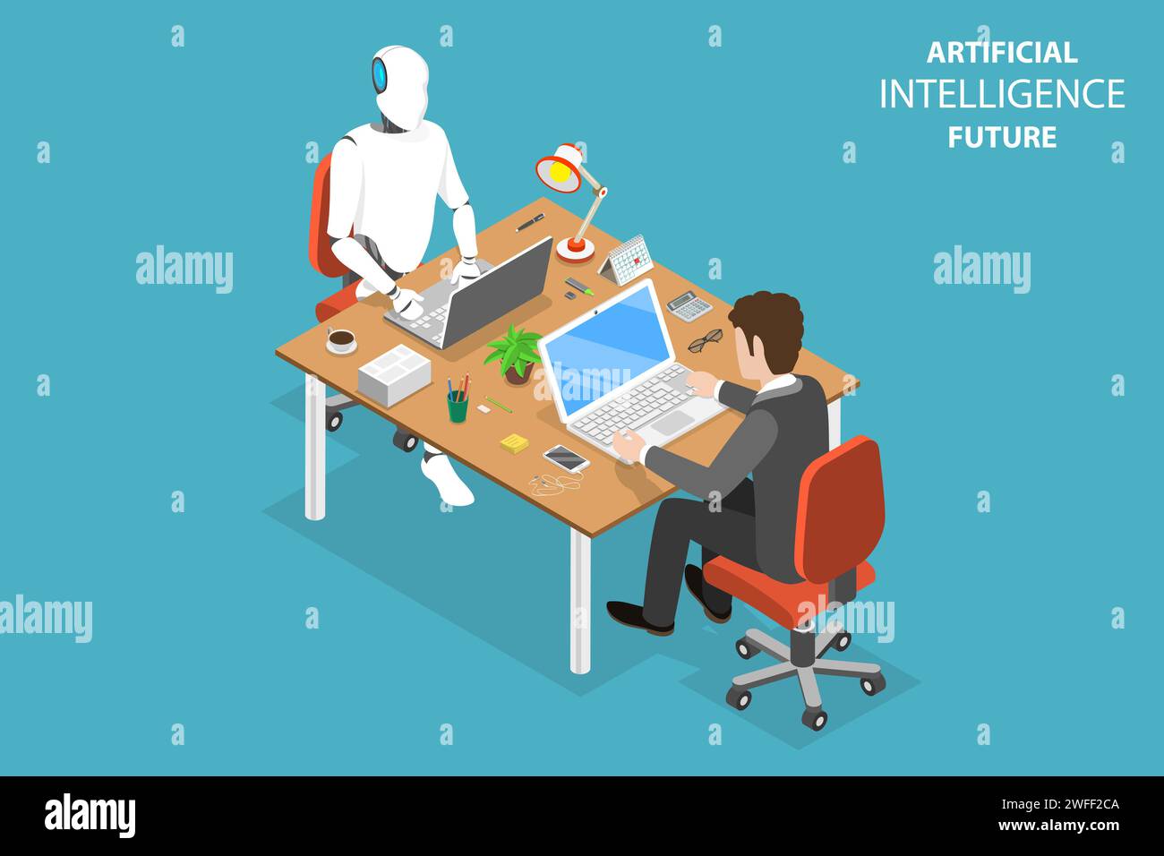 Flat isometric vector concept of AI future, robot and human cooperation, artificial intelligence ...