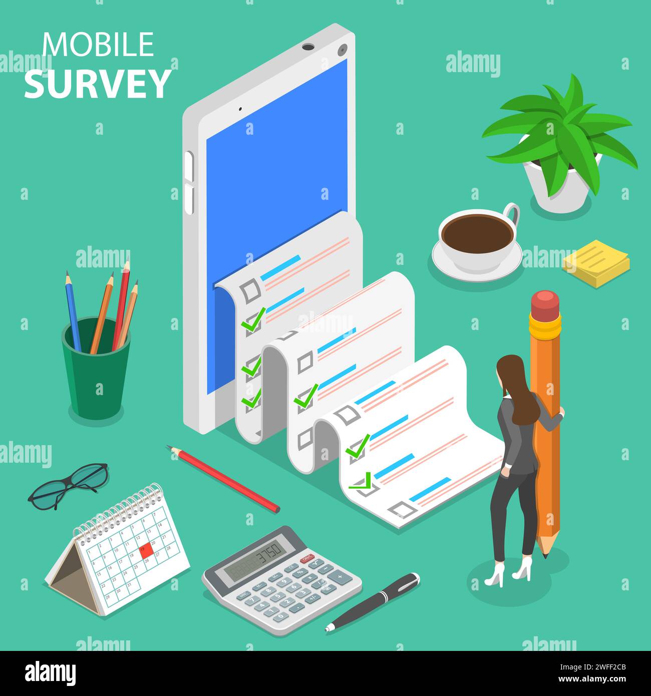 Flat isometric vector concept of mobile survey, customer review, feedback service Stock Vector ...