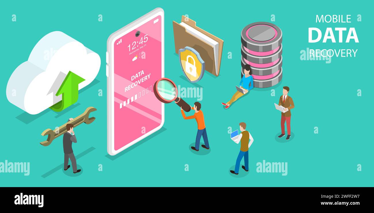 3d Isometric Flat Vector Concept Of Mobile Data Recovery Services Data Backup And Protection