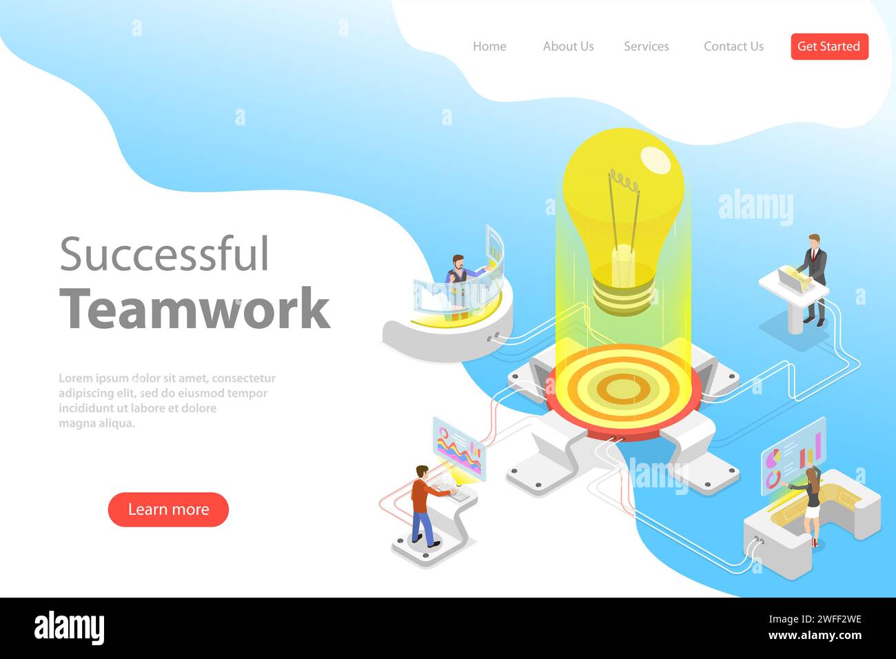 Flat isometric vector landing pagte template of effective teamwork, business team, brainstorm ...