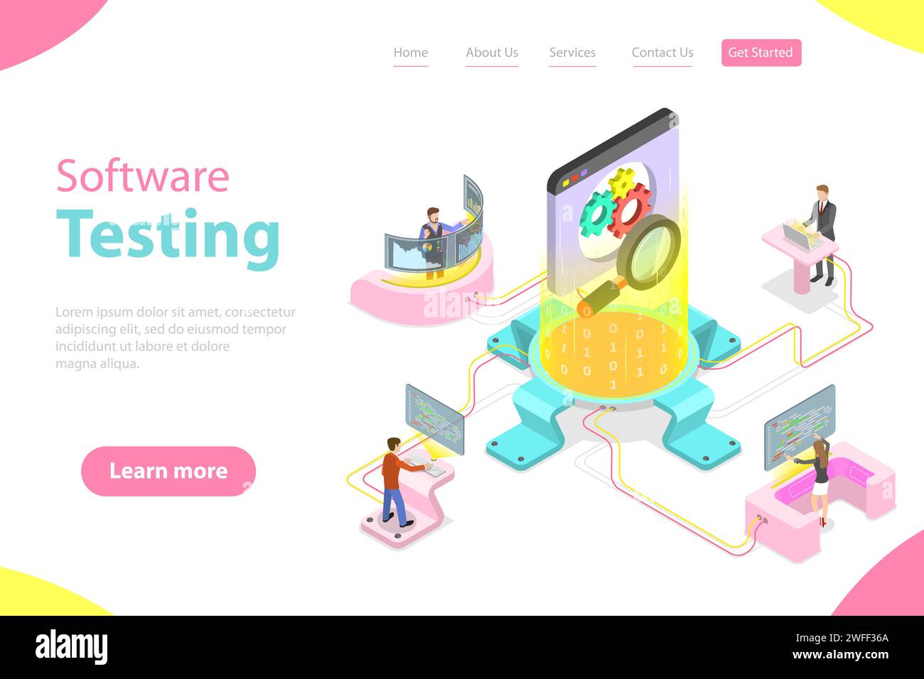 Isometric Flat Vector Landing Pate Template Of Software Quality Assurance Sqa Product Testing