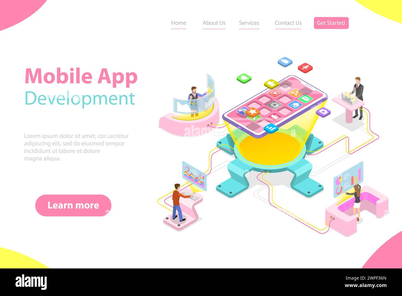 Flat Isometric Vector Landing Page Template Of Mobile App Development
