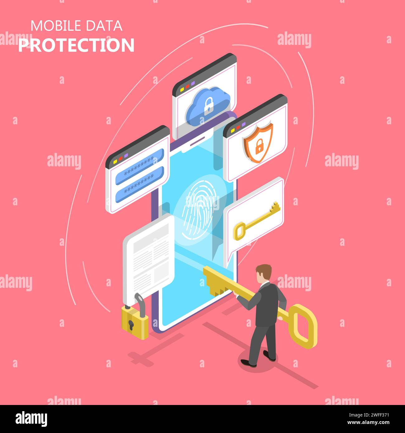 Isometric flat vector concept of mobile data protection, internet ... Isometric flat vector concept of mobile data protection, internet ...