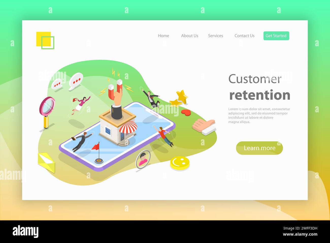 Flat isometric vector landing page header for retention strategy ...