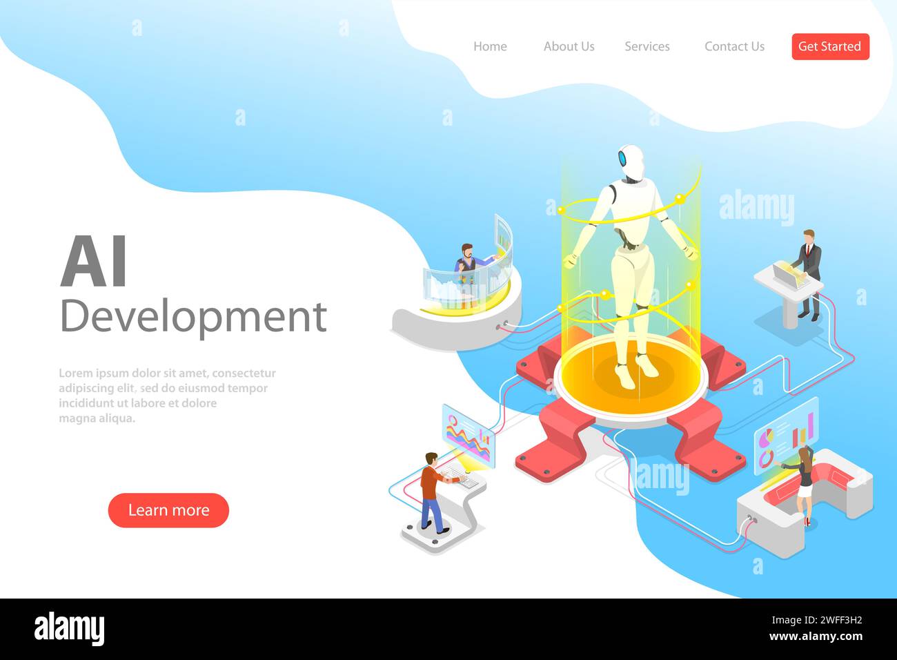 Flat isometric vector landing page template of AI development, robot ...
