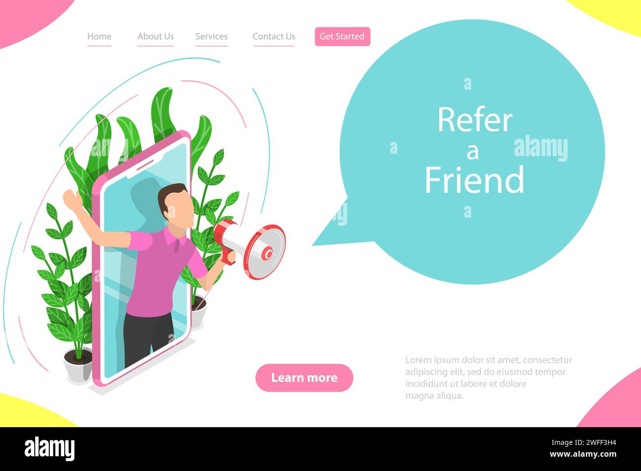Isometric flat vector landing page template of refer a friend ...