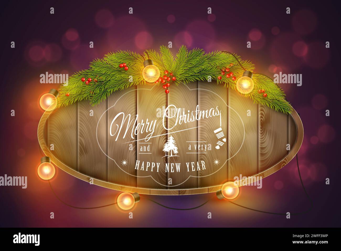 Wooden Christmas Board With Pine Branches, Light Bulbs and Holiday ...