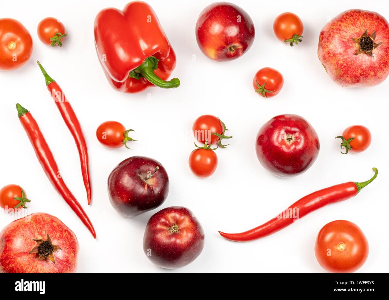 Variety of healthy and organic only red color vegetables and fruits on ...