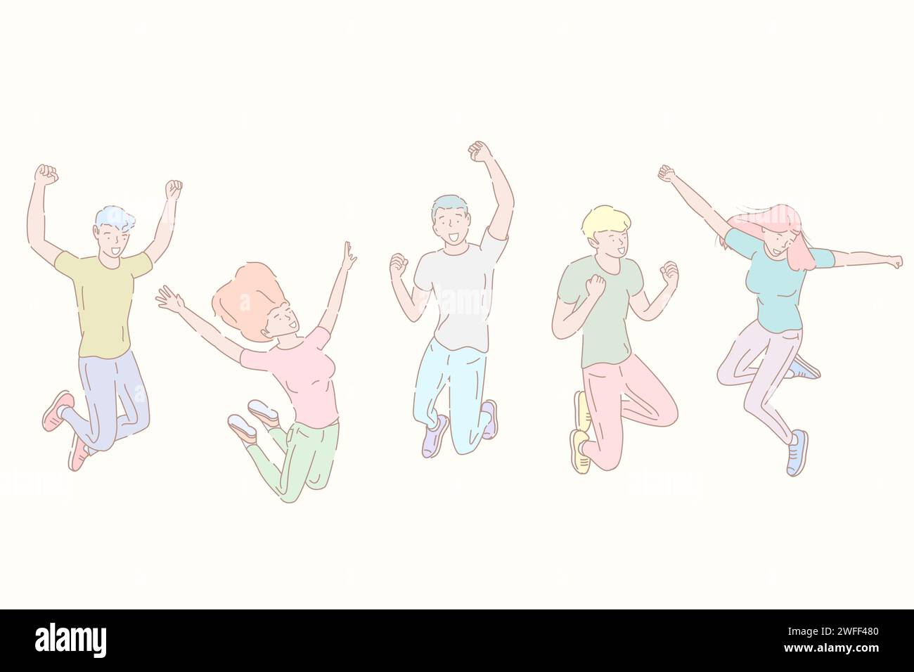 Hand drawn style vector illustration of jumping happy people, team ...