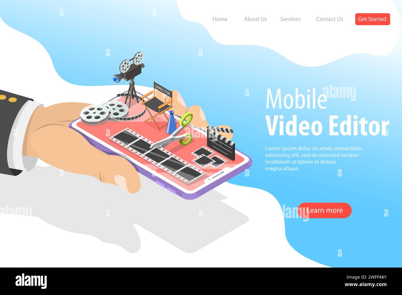 Isometric flat vector landing page template of video editing app ...