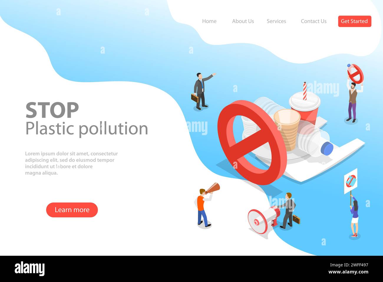 Isometric flat vector laning page template of stop plastic pollution ...
