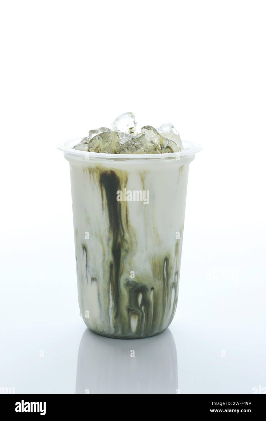 Glass of Iced Matcha Latte, Ice Green Tea with Freh Milk on Plastic Cup ...
