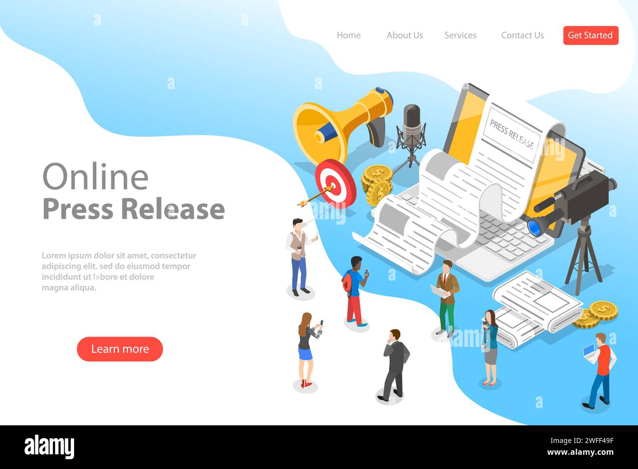 Isometric flat vector landing page template of internet press release ...
