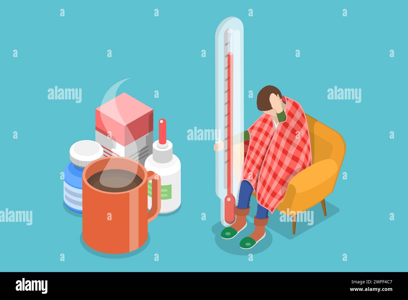 3D Isometric Flat Vector Conceptual Illustration of Sad Sick Man Having ...