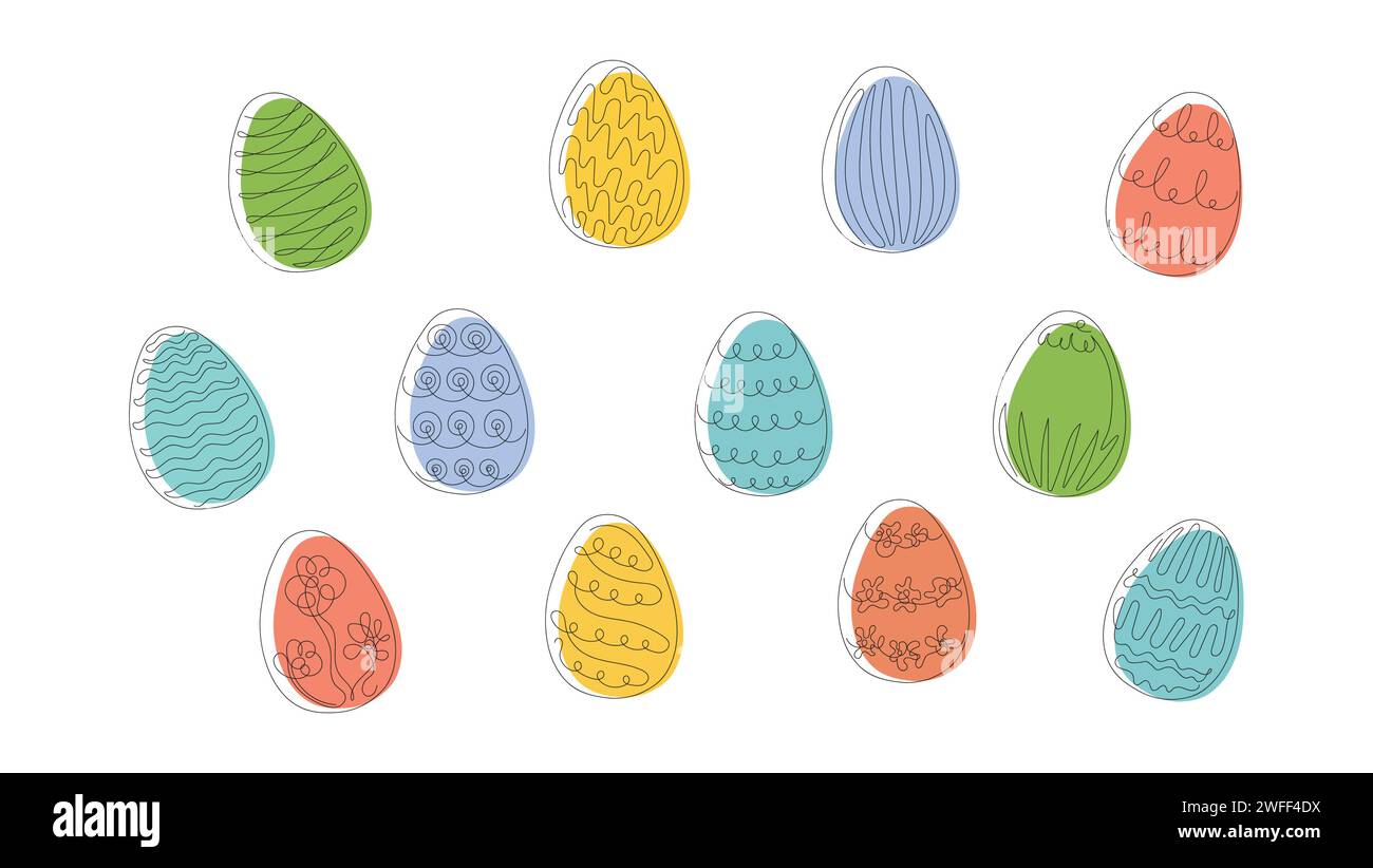 Set of Colored Easter eggs with patterns. Continuous one line drawing ...