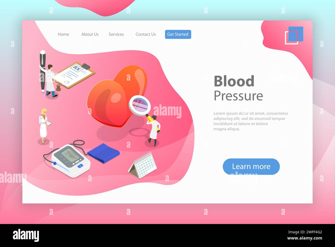 Isometric flat vector landing page template of blood pressure test ...