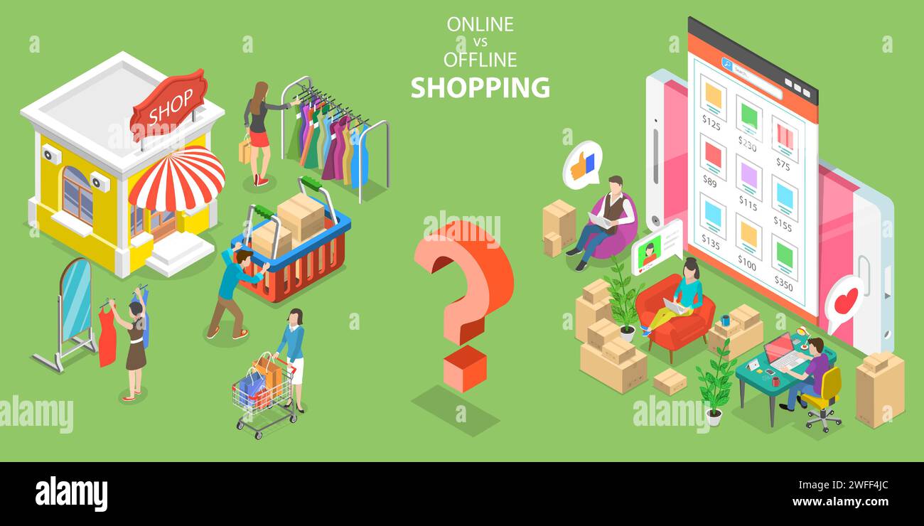 3D Isometric Flat Vector Conceptual Illustration of Online vs Ofline Shoppping, Pros and Cons ...
