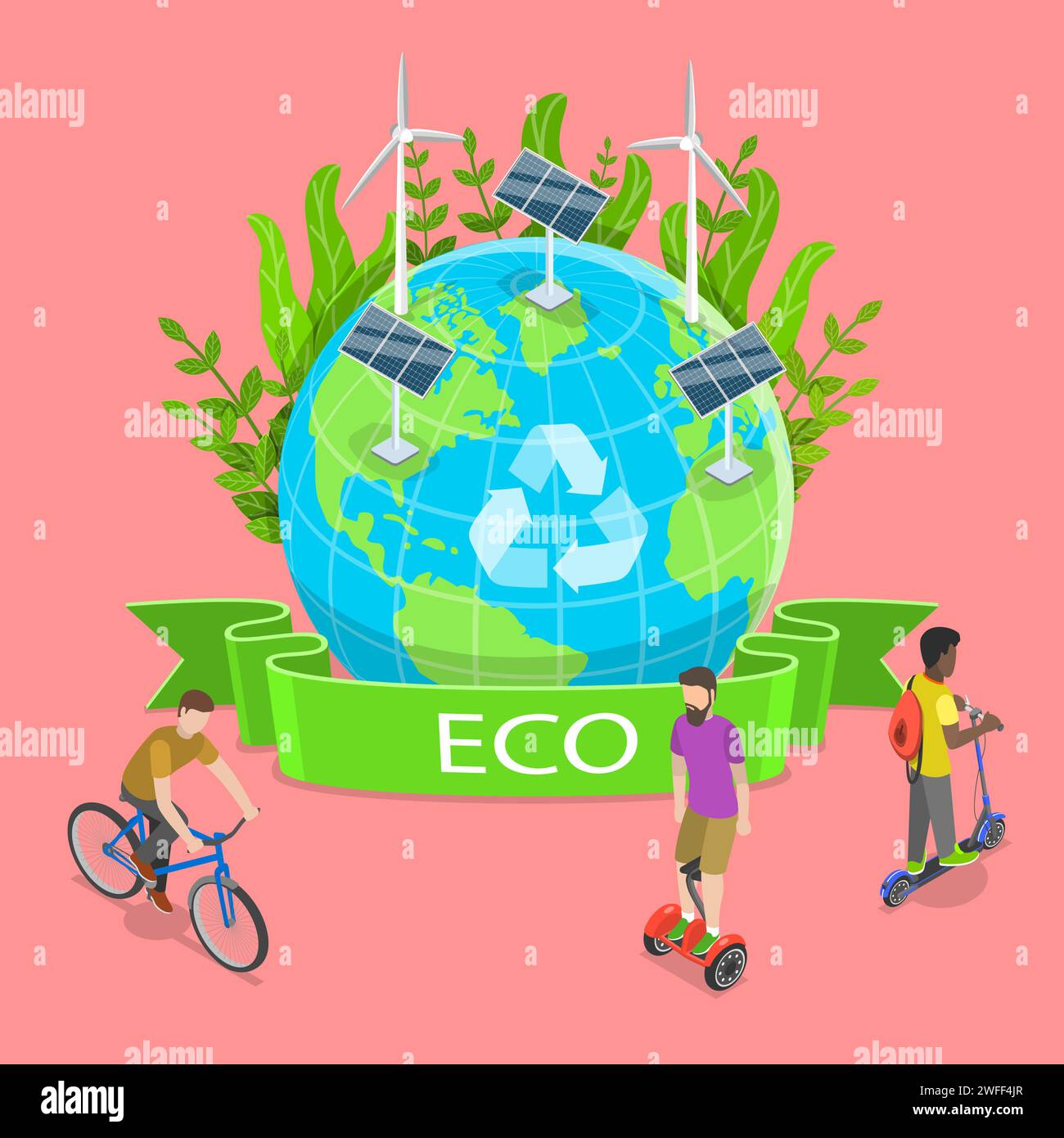 Isometric Flat Vector Illustration of Sustainability and Environmental Protection, 100 Percent ...