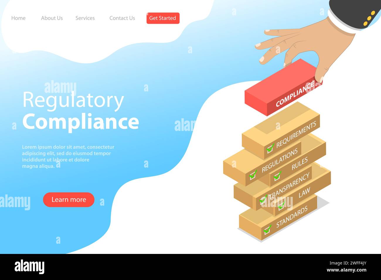 Isometric flat vector landing page template of regulatory compliance, steps that are needed to ...