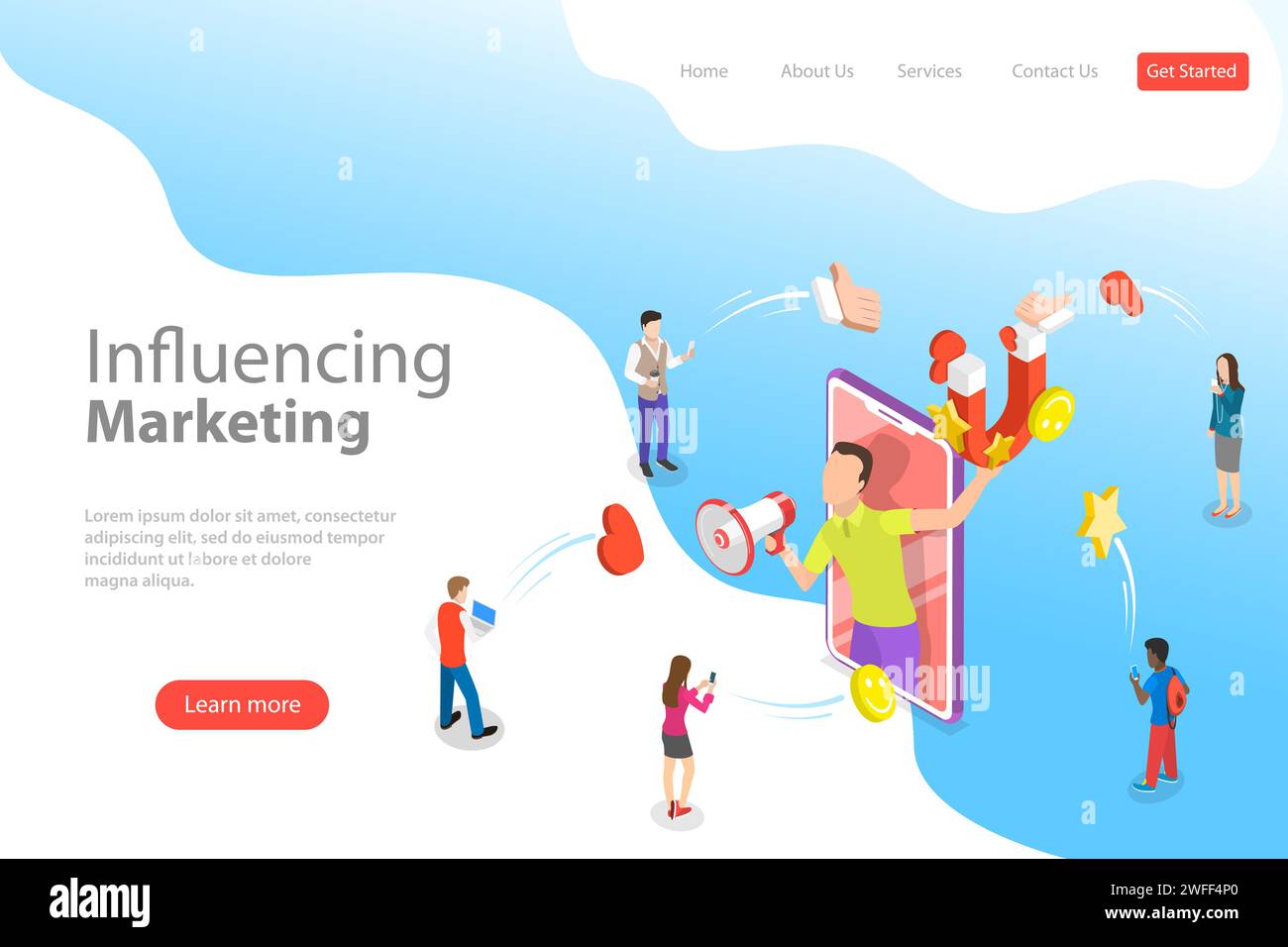 Isometric flat vector landing page template of social media influencer ...