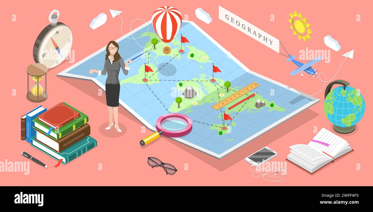 Isometric Vector Concept of Geography Science. The Teacher is Standing ...
