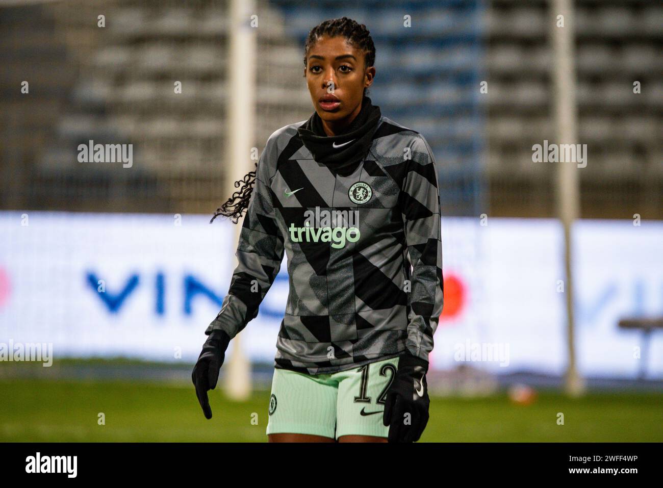 Paris, France. 30th Jan, 2024. Ashley Lawrence of Chelsea warms up ...