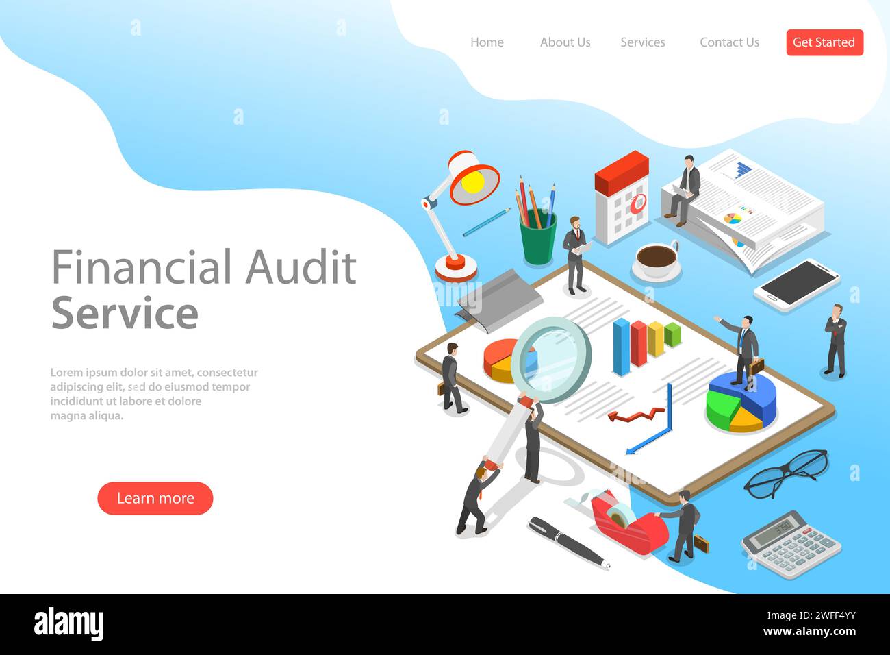Flat isometric vector landing page template of financial audit service ...
