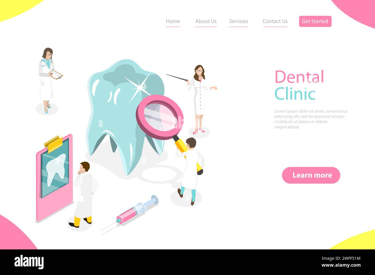 Isometric flat vector landing page template of dental checkup, prevention and treatment of tooth ...