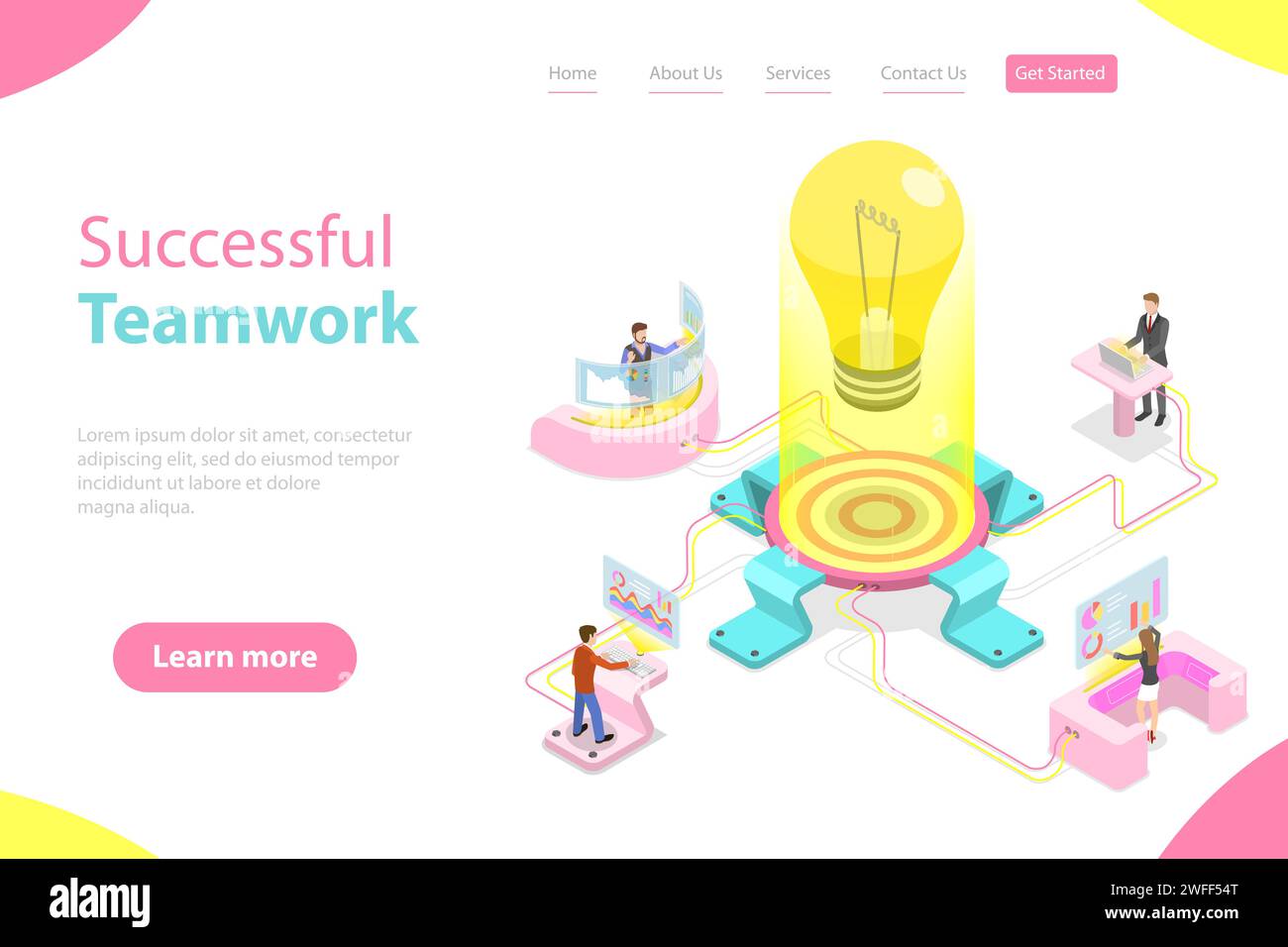 Flat isometric vector landing pagte template of effective teamwork, business team, brainstorm ...