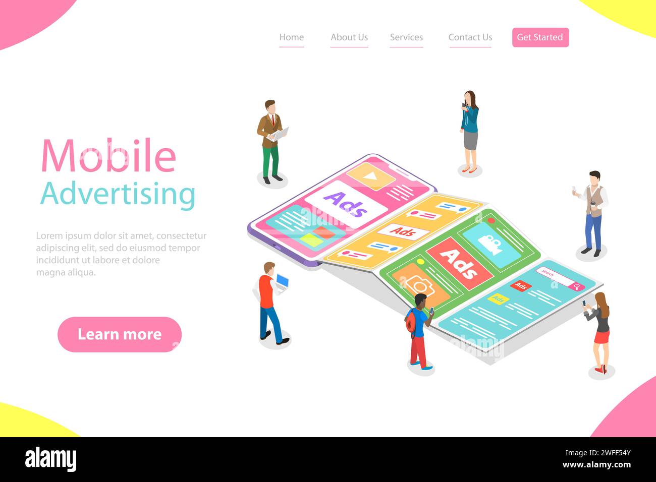 Flat isometric vector landing page template of mobile advertising ...