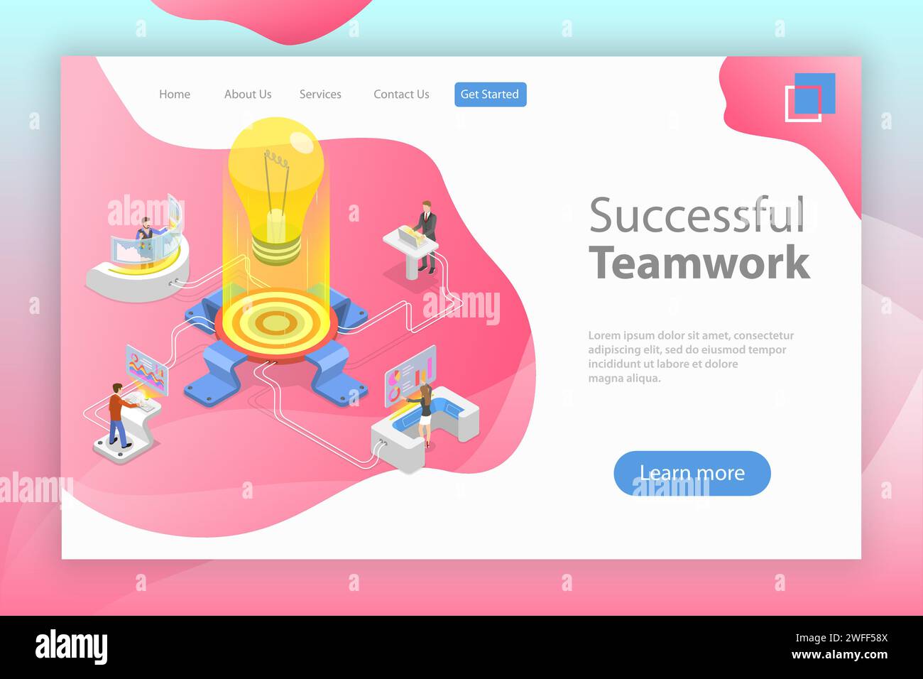 Flat isometric vector landing pagte template of effective teamwork, business team, brainstorm ...