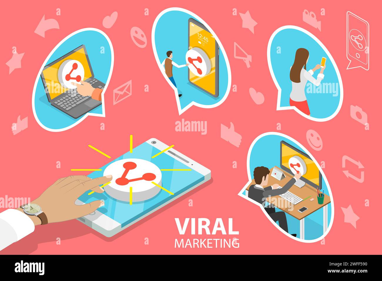 Viral Marketing and Social Media Sharing. 3D Isometric Flat Vector Conceptual Illustration Stock ...