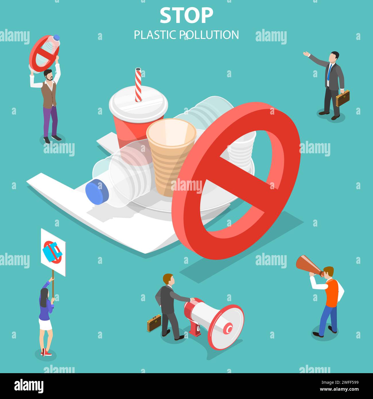 Isometric flat vector concept of stop plastic pollution, polythene ...