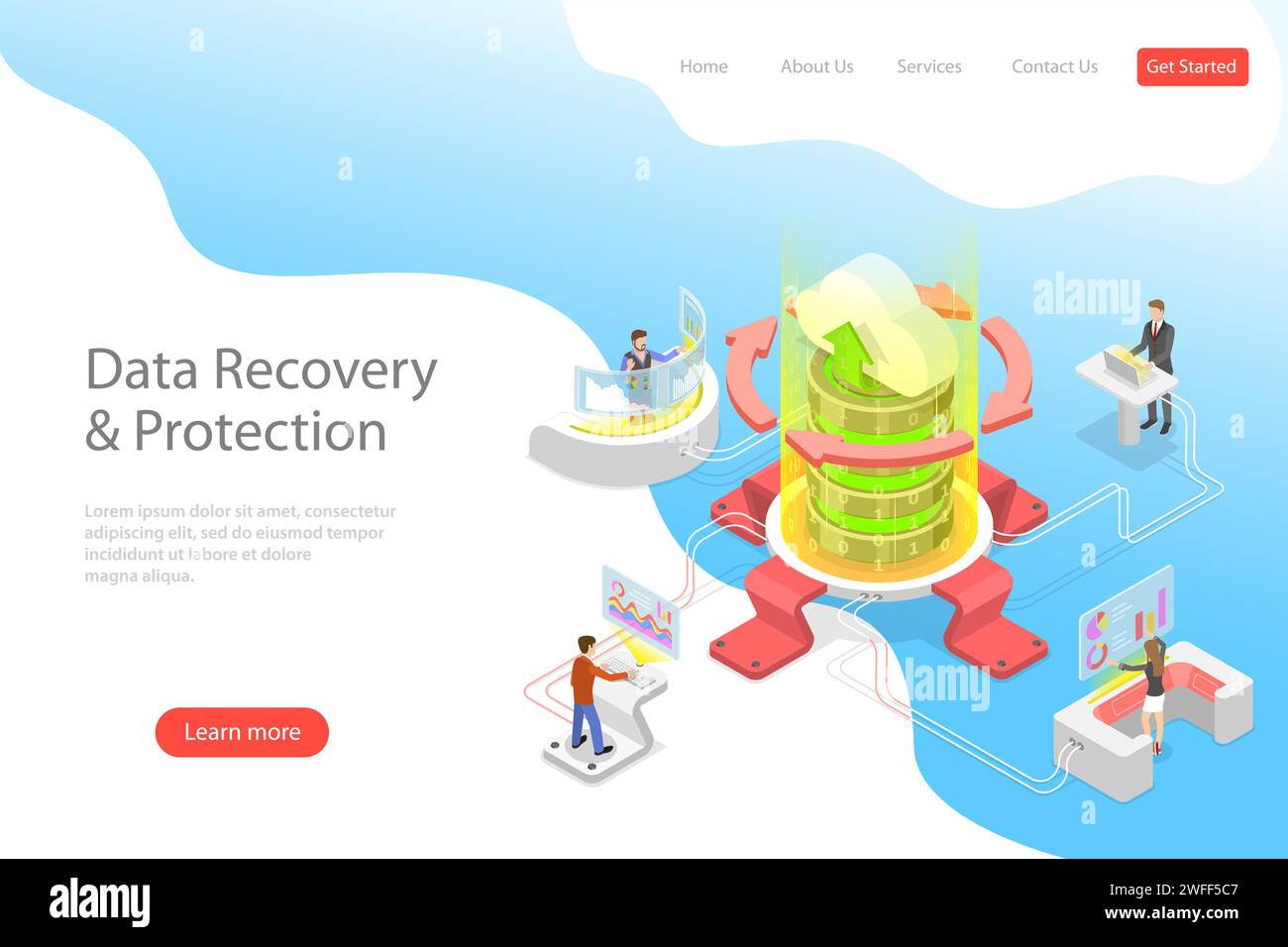 Isometric flat vector landing pate template of data recovery services, data backup and ...