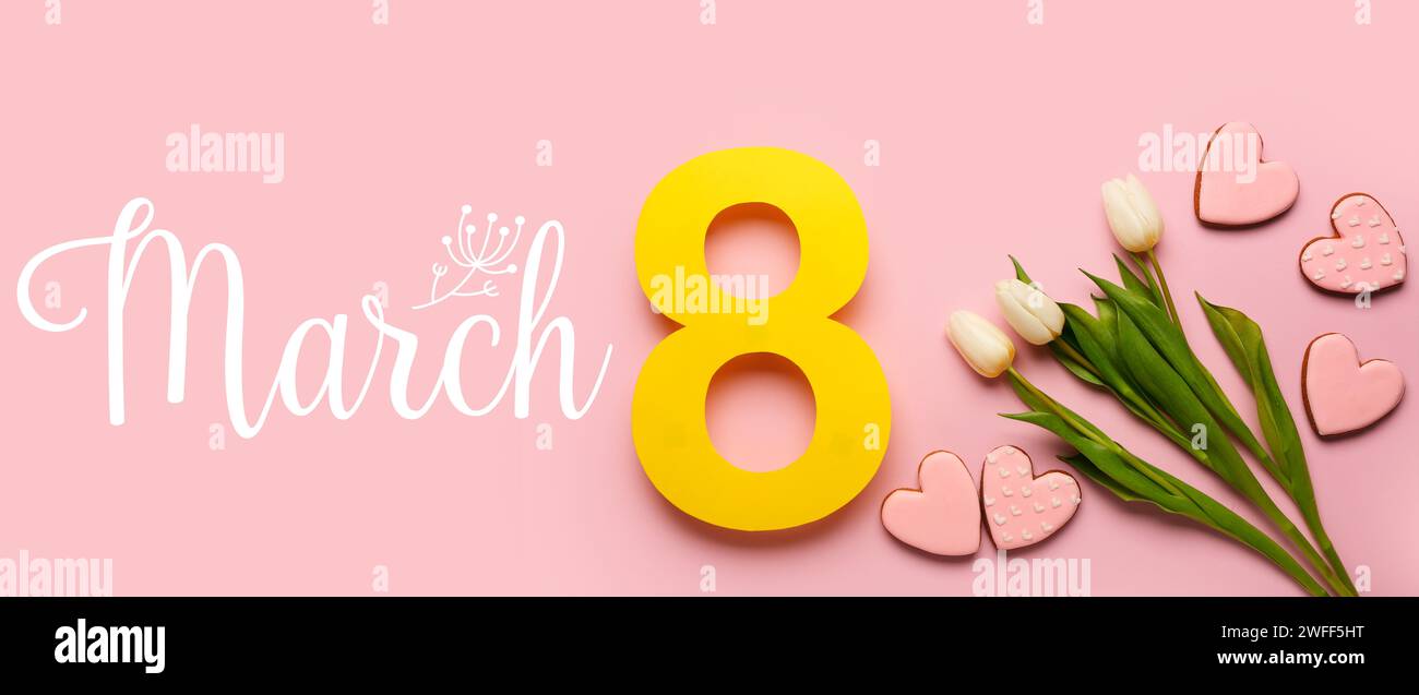Greeting banner with figure 8, cookies and tulips. International Women ...
