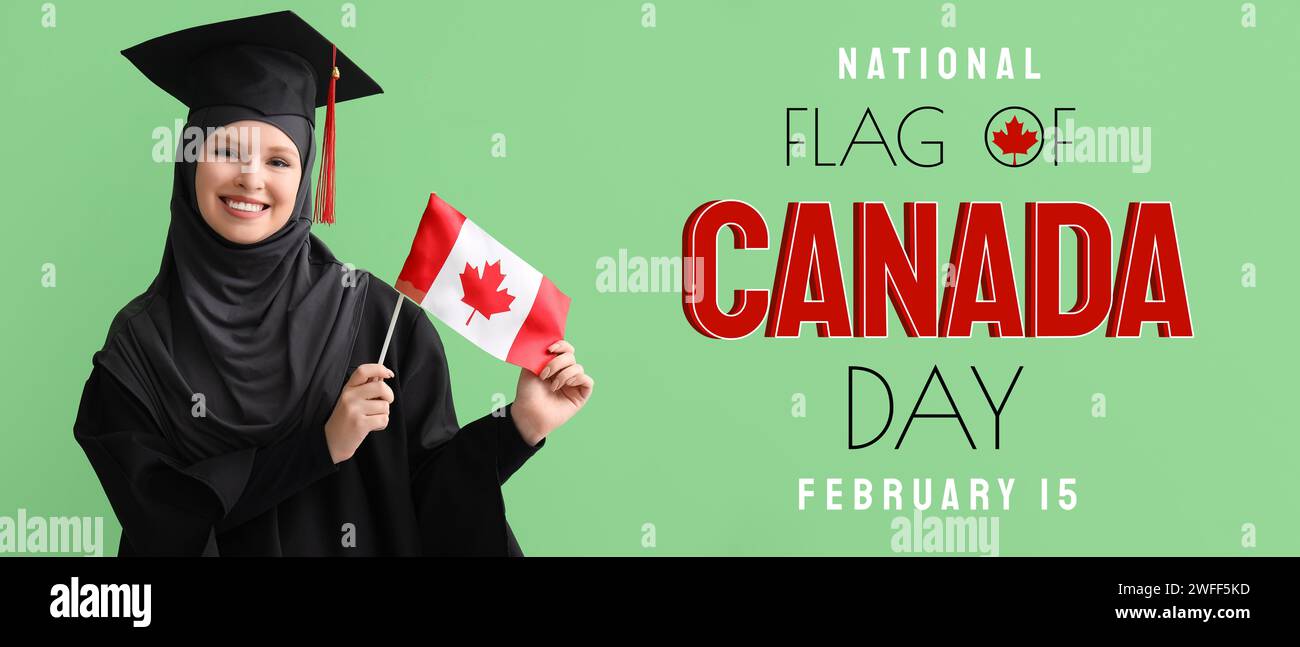 Festive banner for National Flag of Canada Day with Muslim graduate ...
