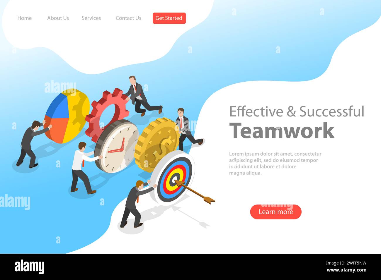 Flat isometric vector landing pate template of effective teamwork, business team, brainstorm ...