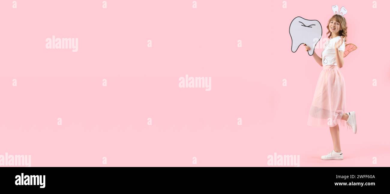 Tooth fairy with paper tooth on pink background with space for text ...
