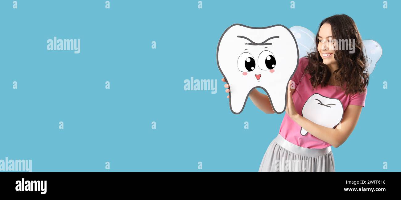 Tooth fairy with cute paper tooth on blue background with space for ...
