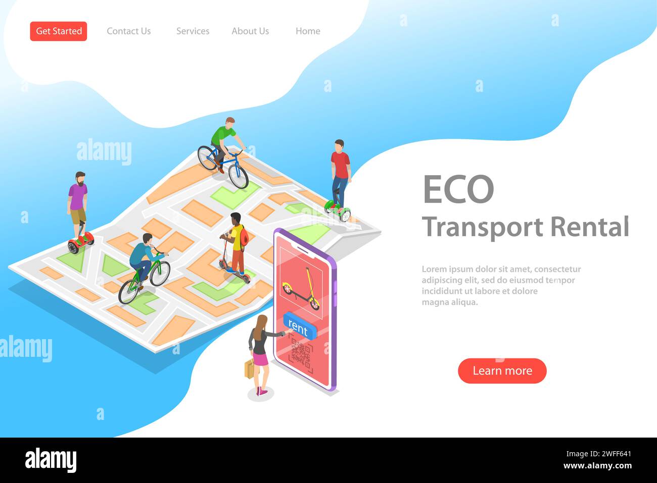 Isometric flat vector landing page template of city eco transportation ...