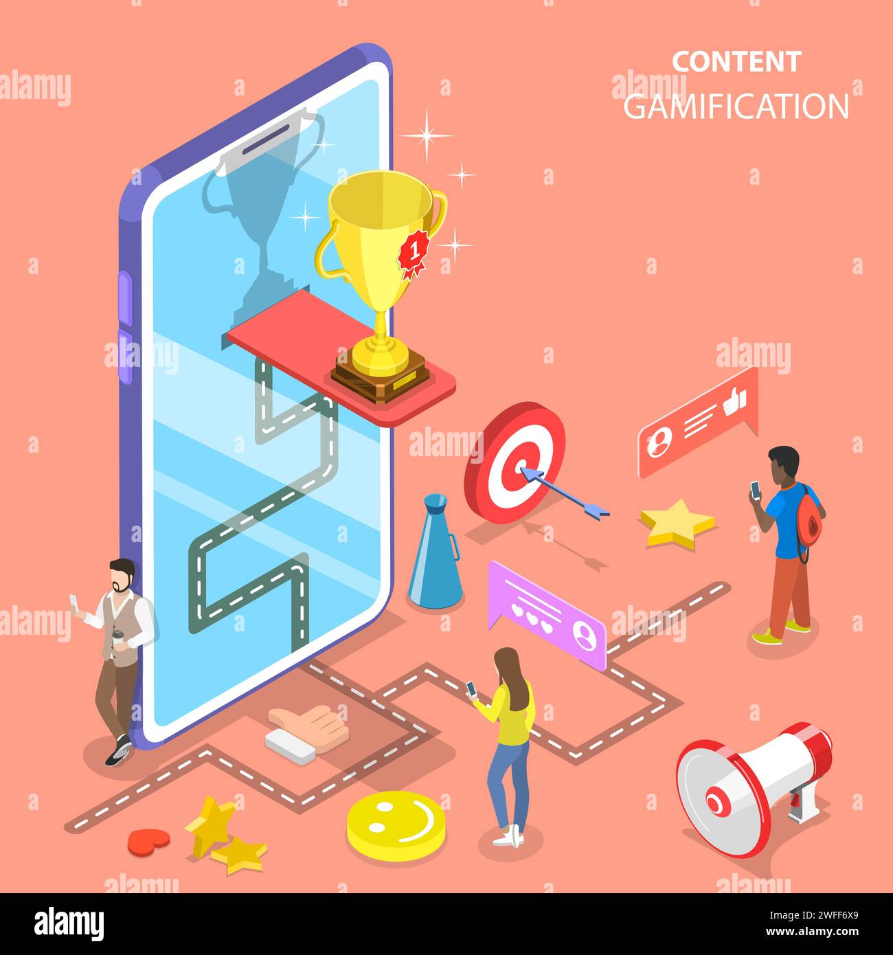 Isometric flat vector concept of gamification, interactive content, customer engagement Stock ...