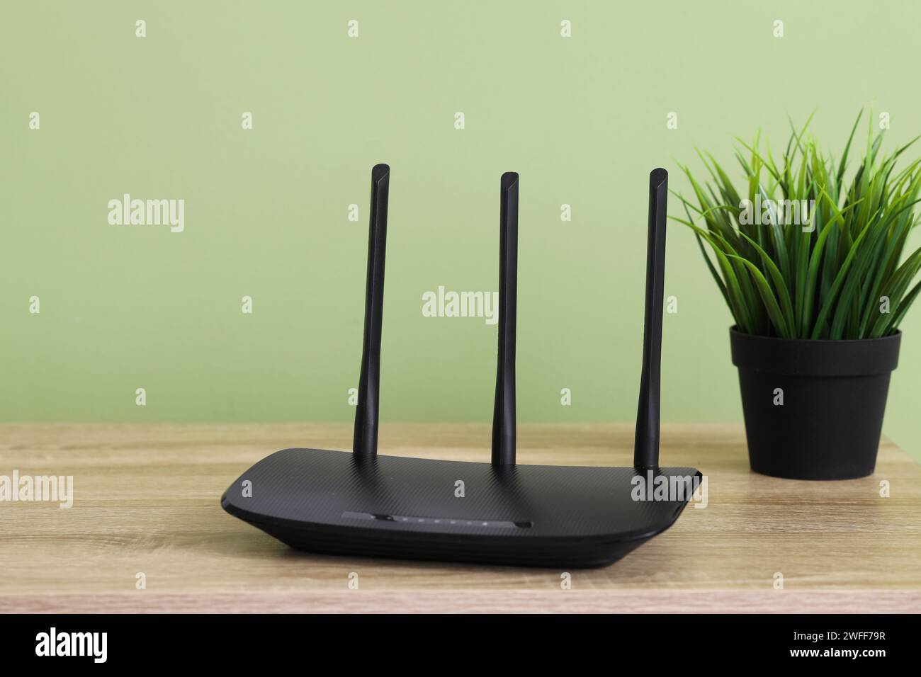 Modern wi-fi router and plant on table near green wall, closeup Stock ...