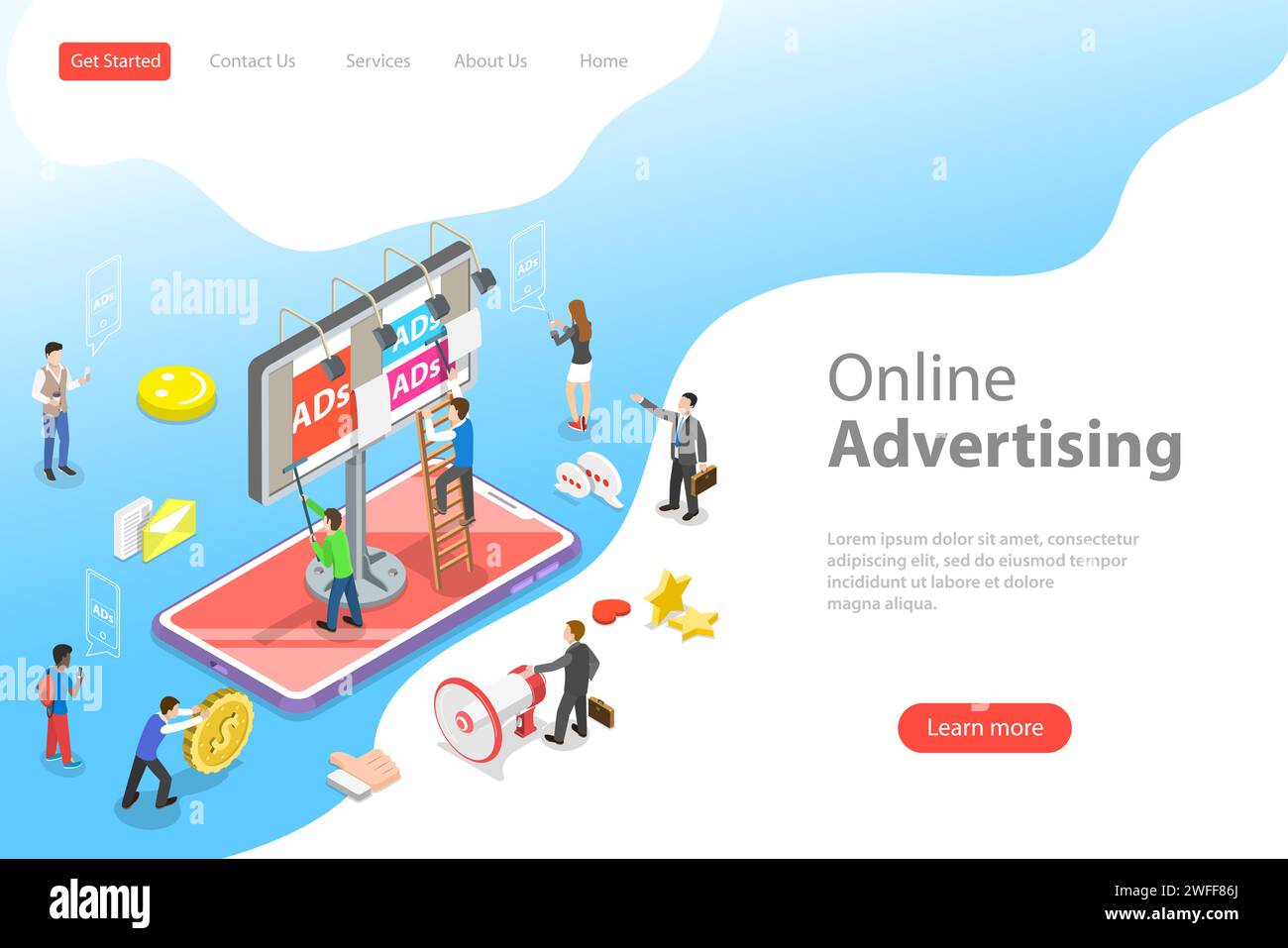 Flat isometric vector landing page template of mobile advertising ...