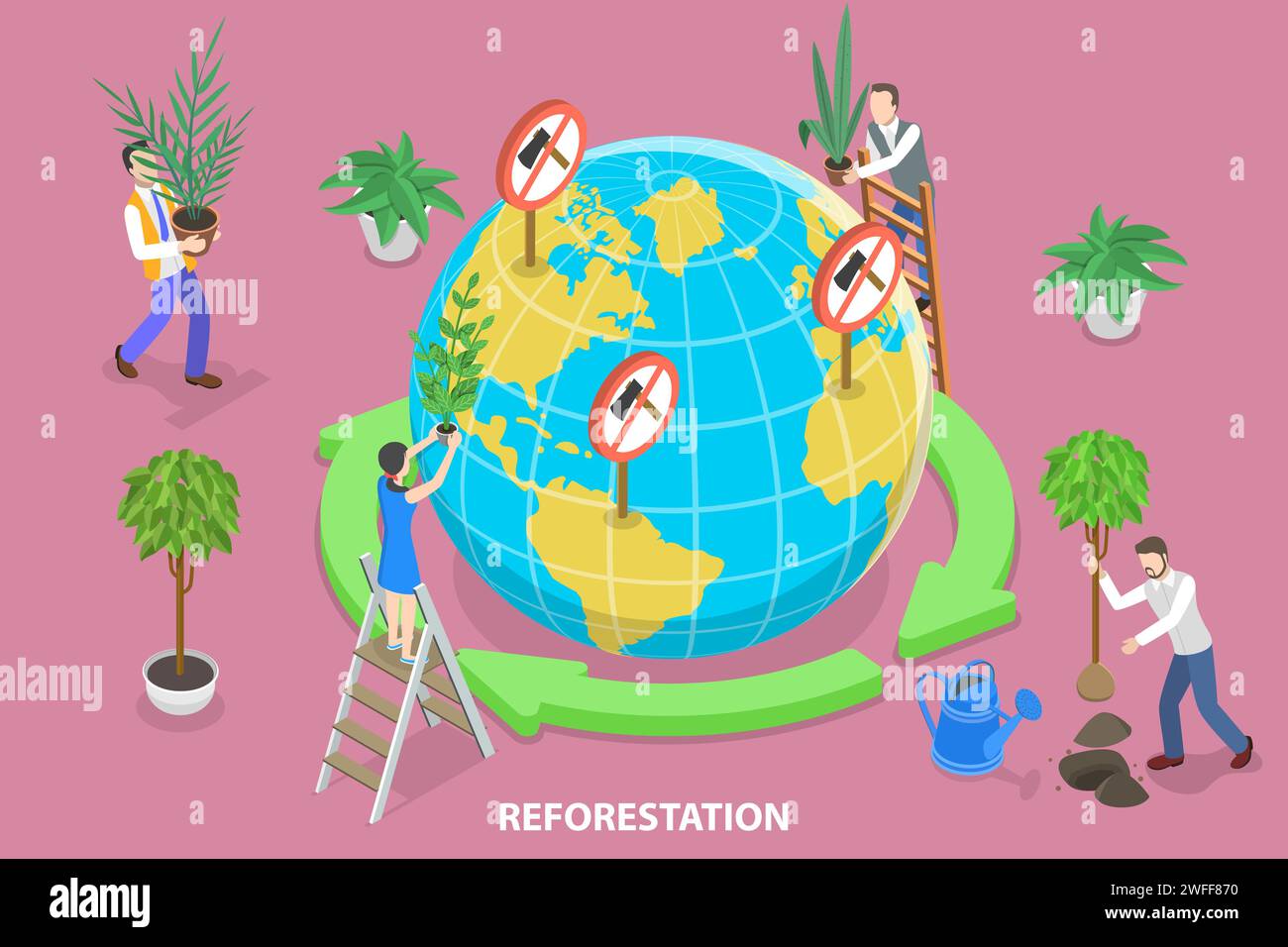 3D Isometric Flat Vector Concept of Reforestation by Planting New Trees ...