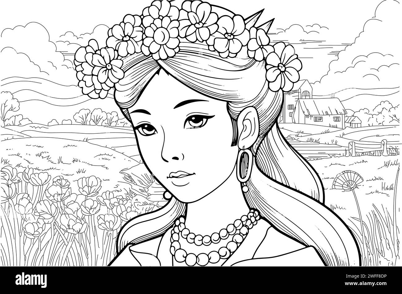 Young Asian princess portrait coloring page. Outline black ink drawing ...